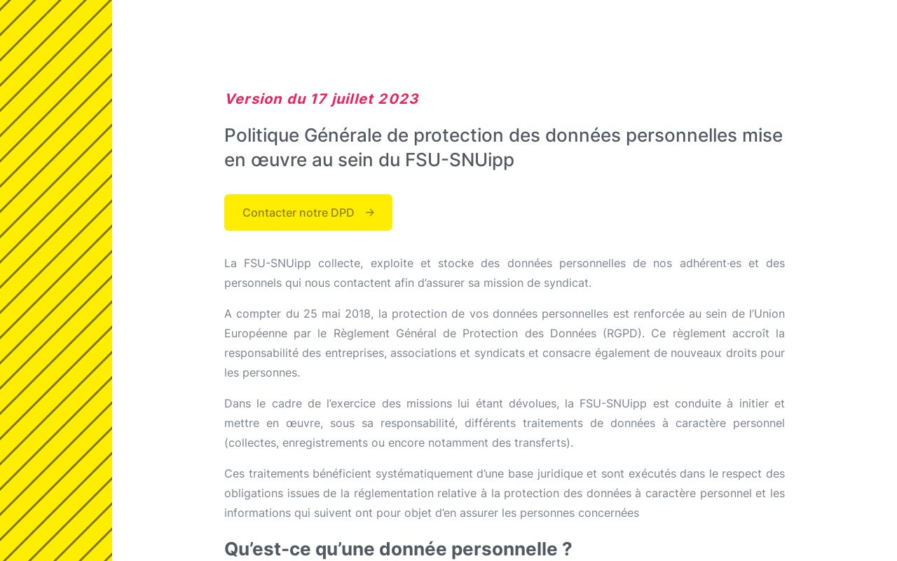 FSU-SNUipp | Politique Générale de protection des données personnelles mise en œuvre au sein du